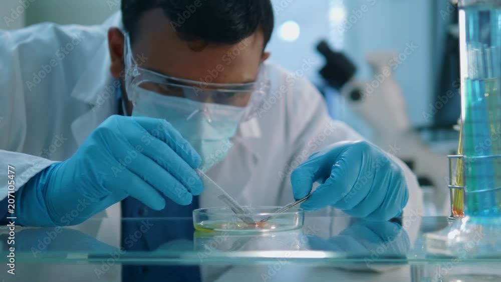 Close-up of cutting tissue in petri dish and preparing for further ...