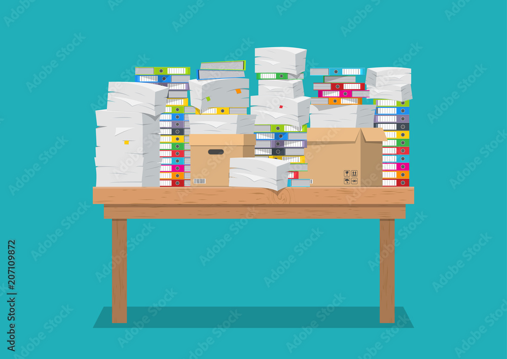 Vector illustration. Lot of paper work. Folders and files on the office ...
