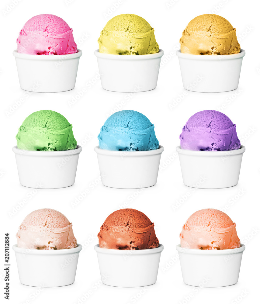 Different flavors of ice cream in the cup. Isolated on white background ...