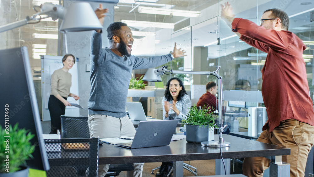 Busy Corporate Office, Man Met Old Friend and Jumping with Happiness ...