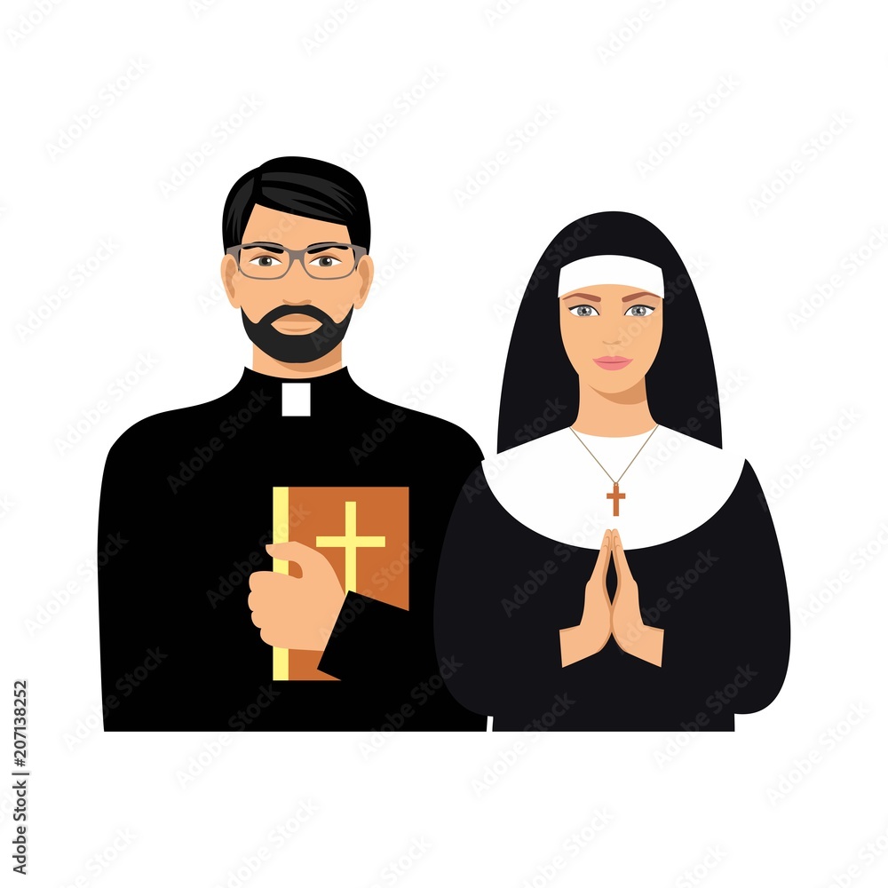 a young priest with a bible and a nun. Vector flat cartoon illustration ...