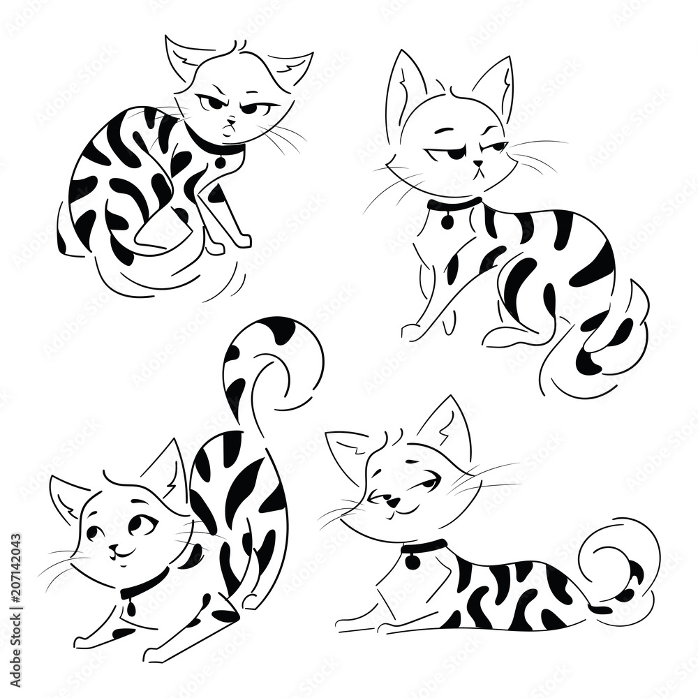 Set of cartoon cats. Collection of cute spotted kittens. Black and ...