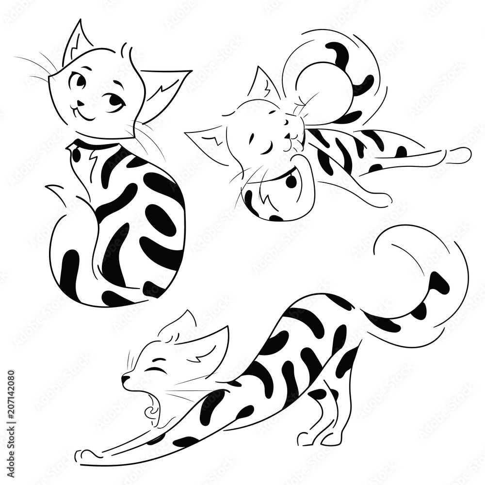 Set of cartoon cats. Collection of cute spotted kittens. Black and ...