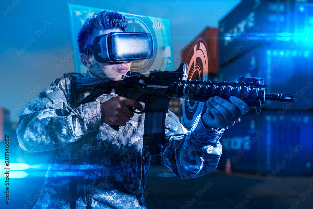 The abstract image of the soldier use a VR glasses for combat ...