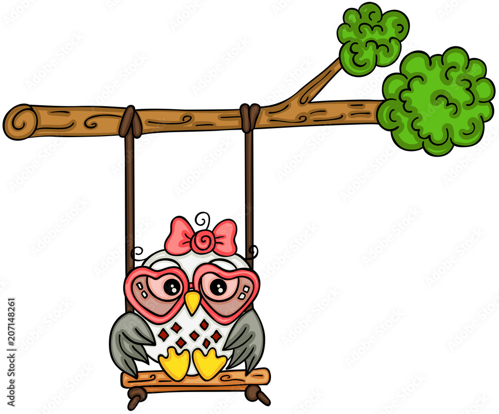 Cute owl girl swinging on a tree Stock Vector | Adobe Stock