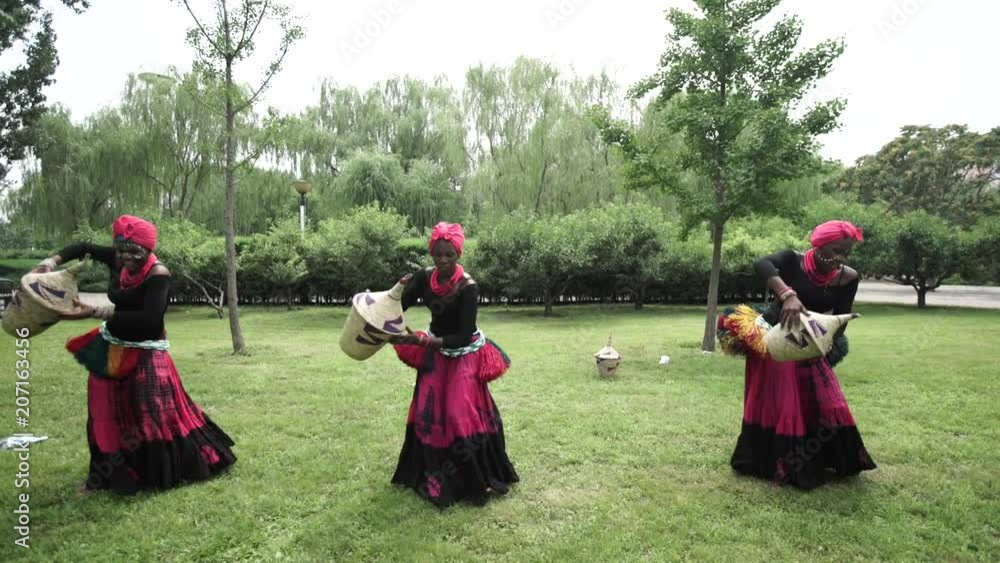 African women are dancing a folk traditional dance on a grass meadow ...