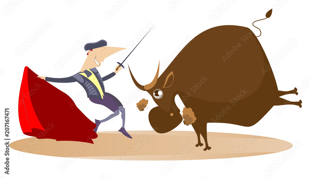 Cartoon bullfighter and angry bull illustration. Cartoon bullfighter ...