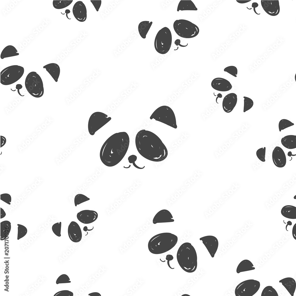 Line art graphic black and white panda head seamless pattern, cute ...