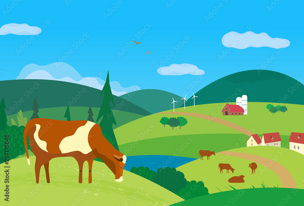 Nature outdoor valley landscape. Colorful cartoon. Farming herd of ...