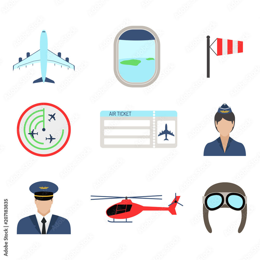 Aviation icons set airline station airport symbols departure terminal ...