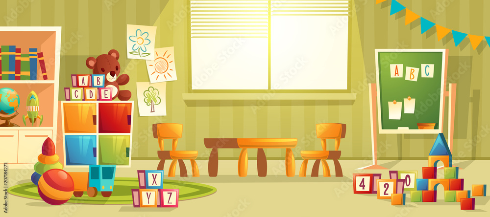 Vector cartoon illustration of empty kindergarten room with furniture ...