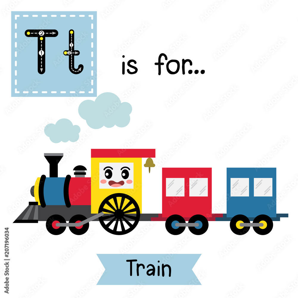 Letter T cute children colorful transportations ABC alphabet tracing ...