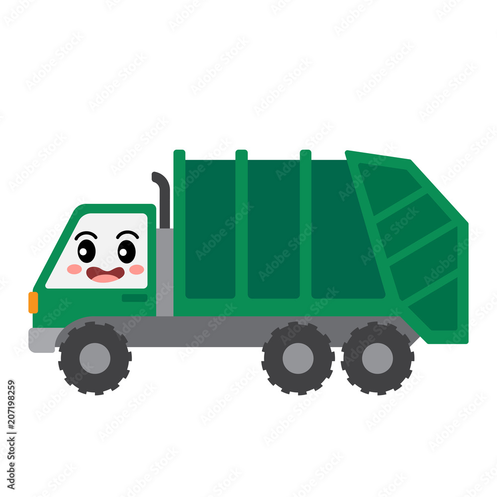 Garbage Truck transportation cartoon character side view isolated on ...