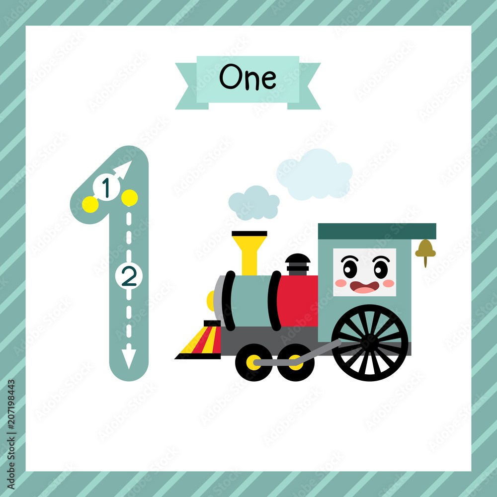 Cute children Flashcard number one tracing with 1 Steam Trains for kids ...