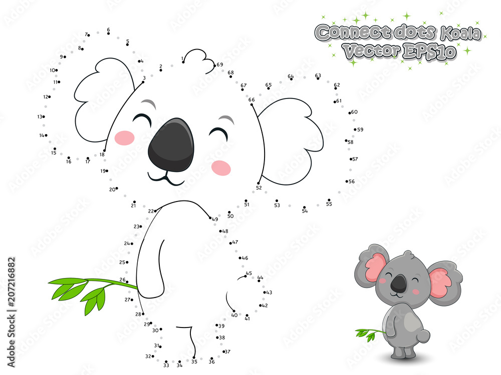 Connect The Dots and Draw Cute Cartoon Koala. Educational Game for Kids ...
