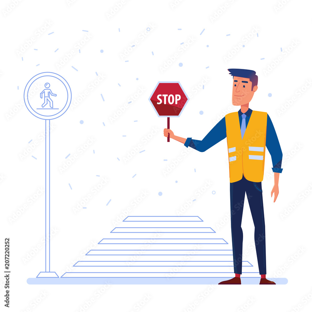 Traffic security guard in yellow vest with stop sign in front of the ...