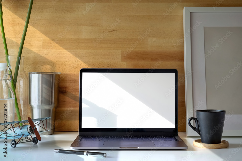Student workspace laptop, books and mockup poster. Stock Photo | Adobe ...