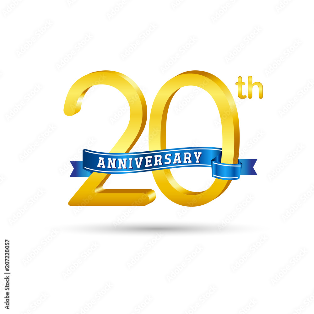 20th golden Anniversary logo with blue ribbon isolated on white ...