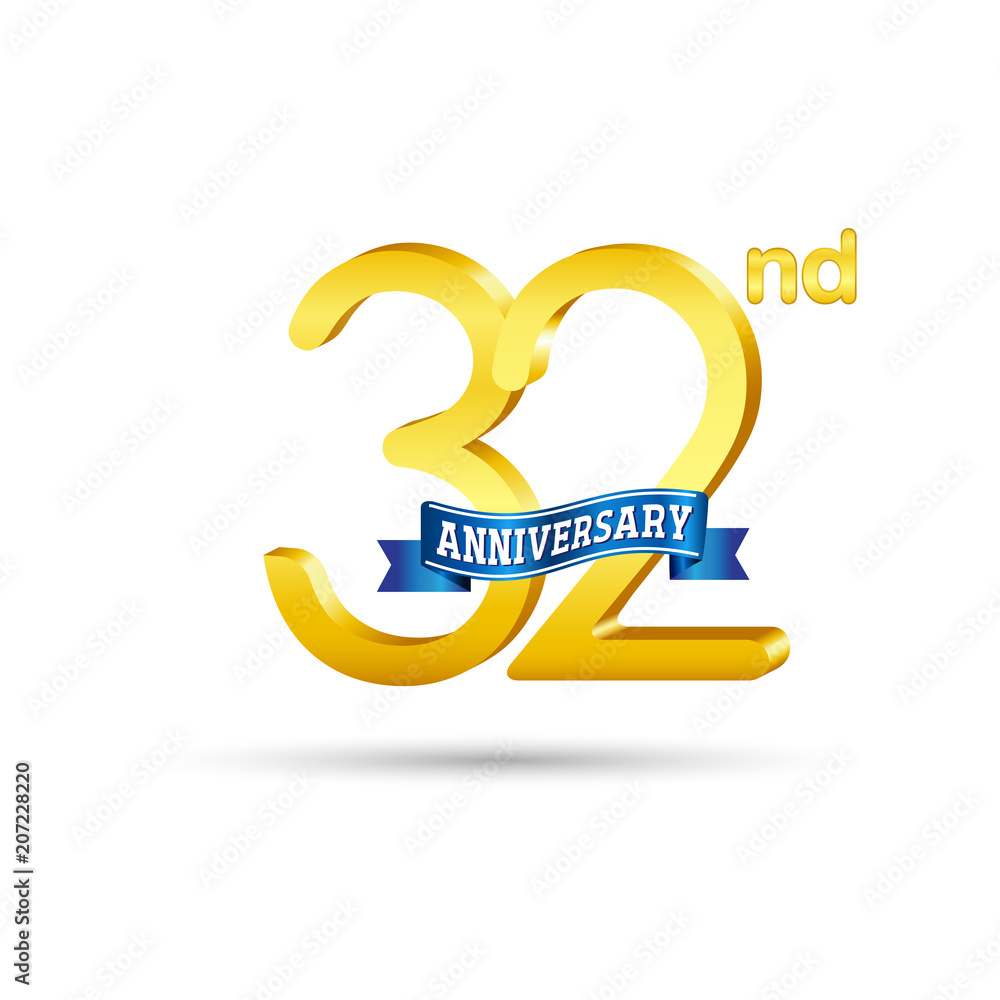 32nd golden Anniversary logo with blue ribbon isolated on white ...
