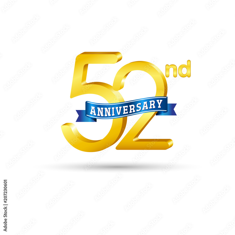 52nd golden Anniversary logo with blue ribbon isolated on white ...