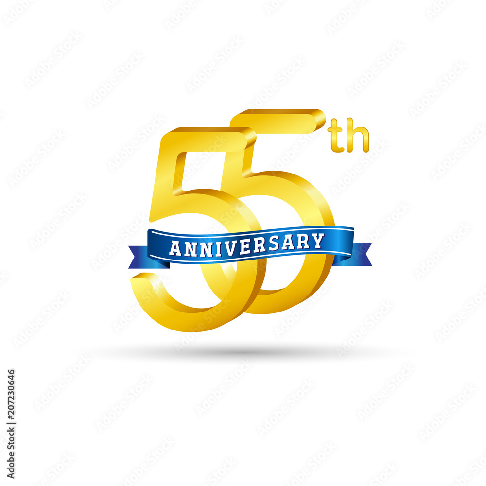 55th golden Anniversary logo with blue ribbon isolated on white ...