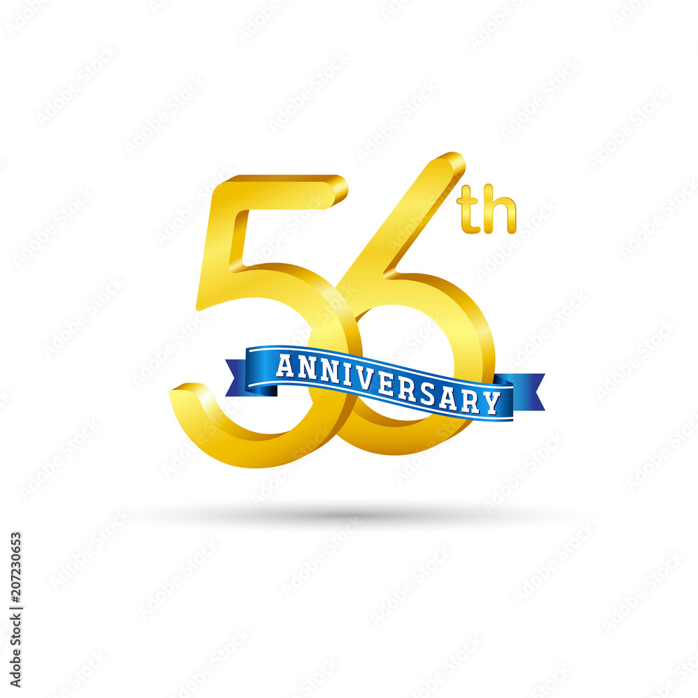 56th golden Anniversary logo with blue ribbon isolated on white ...
