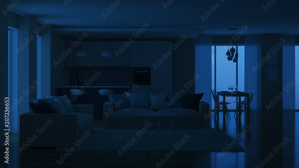 Modern house interior. Evening lighting. Night. 3D rendering. Stock ...