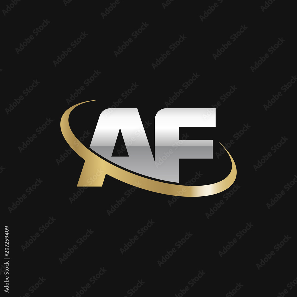 Initial letter AF, overlapping swoosh ring logo, silver gold color on ...