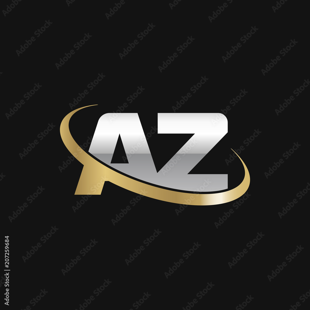 Initial letter AZ, overlapping swoosh ring logo, silver gold color on ...