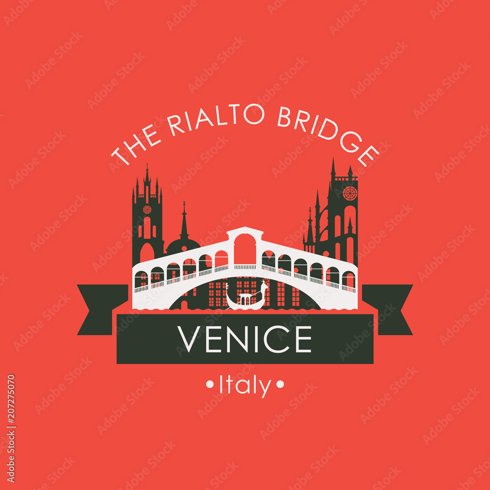 Vector travel illustration, banner or icon. Rialto bridge logo. Ponte ...