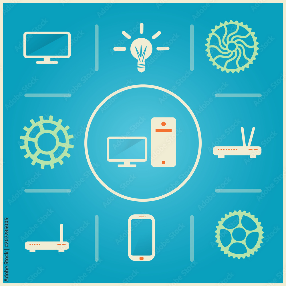 Set of technology related icons - PC, monitor, cog wheels, router ...