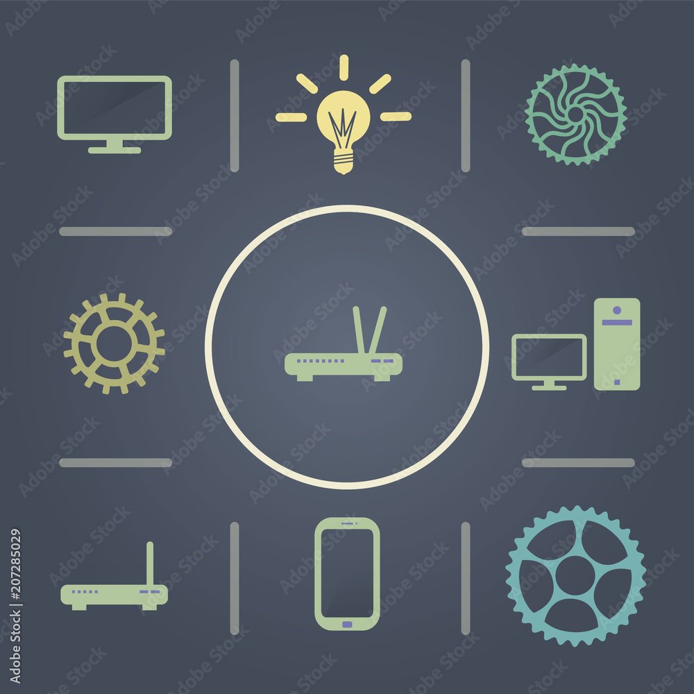 Set of technology related symbols - PC, monitor, cog wheels, router ...
