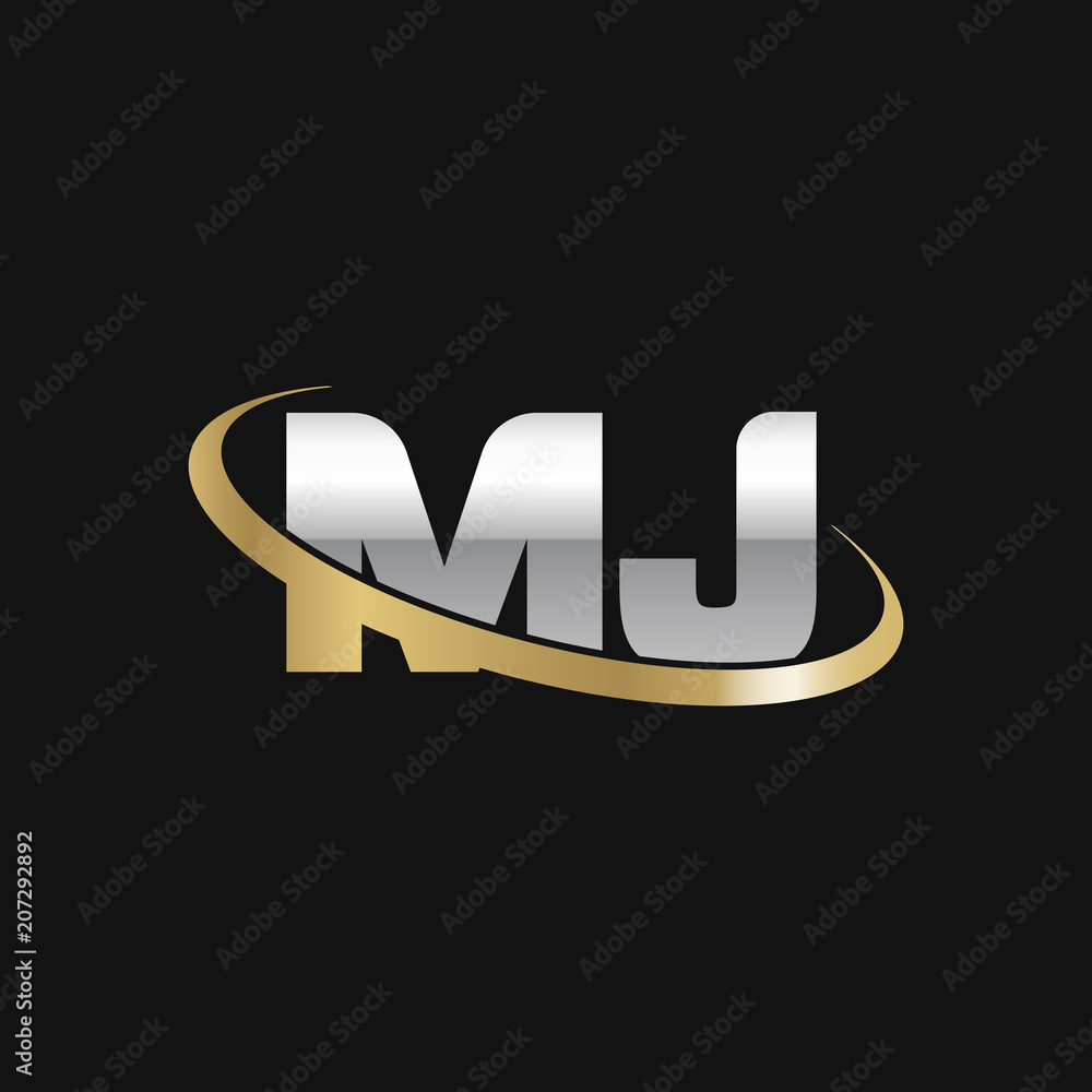 Initial letter MJ, overlapping swoosh ring logo, silver gold color on ...