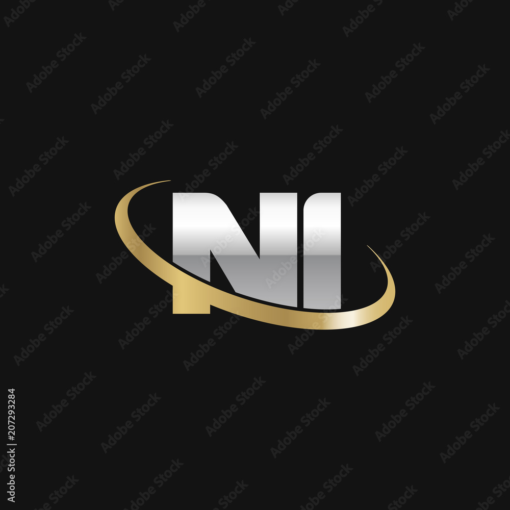 Initial letter NI, overlapping swoosh ring logo, silver gold color on ...