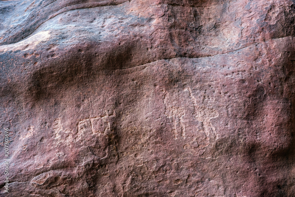 Nabatean and Thamudic inscriptions on rock in Wadi Rum desert Stock ...