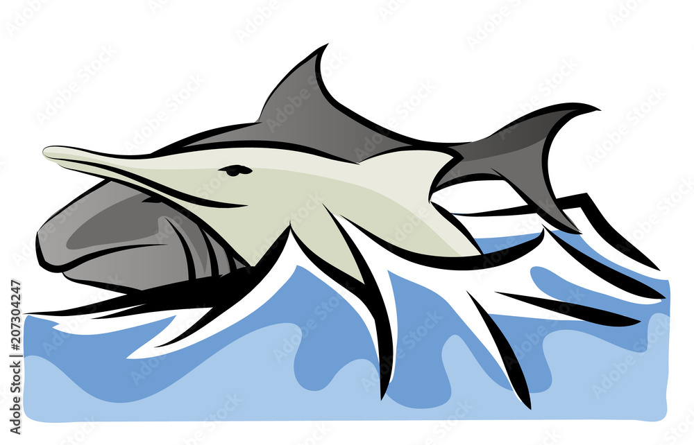 Shark and dolphin. Shark and dolphin swimming together. Sea life with ...