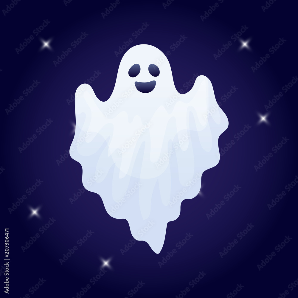 Vector illustration, cartoon Halloween ghost character on a dark ...