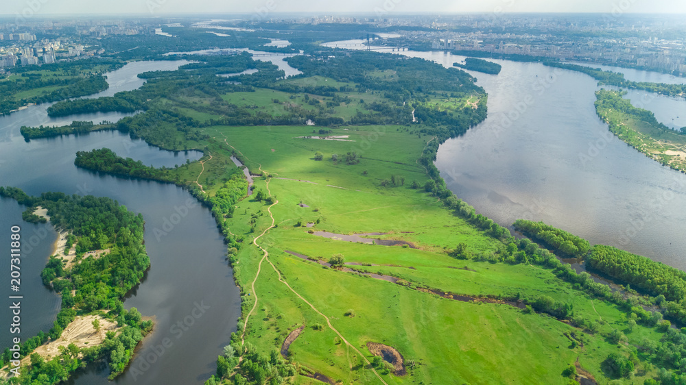 Aerial top view of Kyiv cityscape, Dnieper and Dniester river, green ...