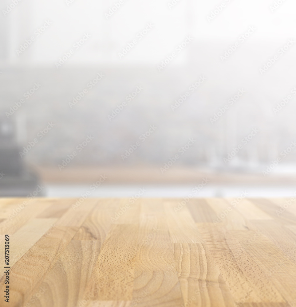 wood counter in a bright modern kitchen background Stock Photo | Adobe ...