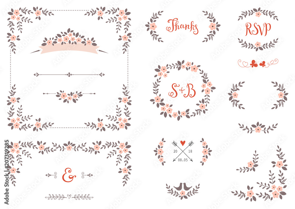Wedding graphic set with branches, flowers, birds, butterflies, laurels ...