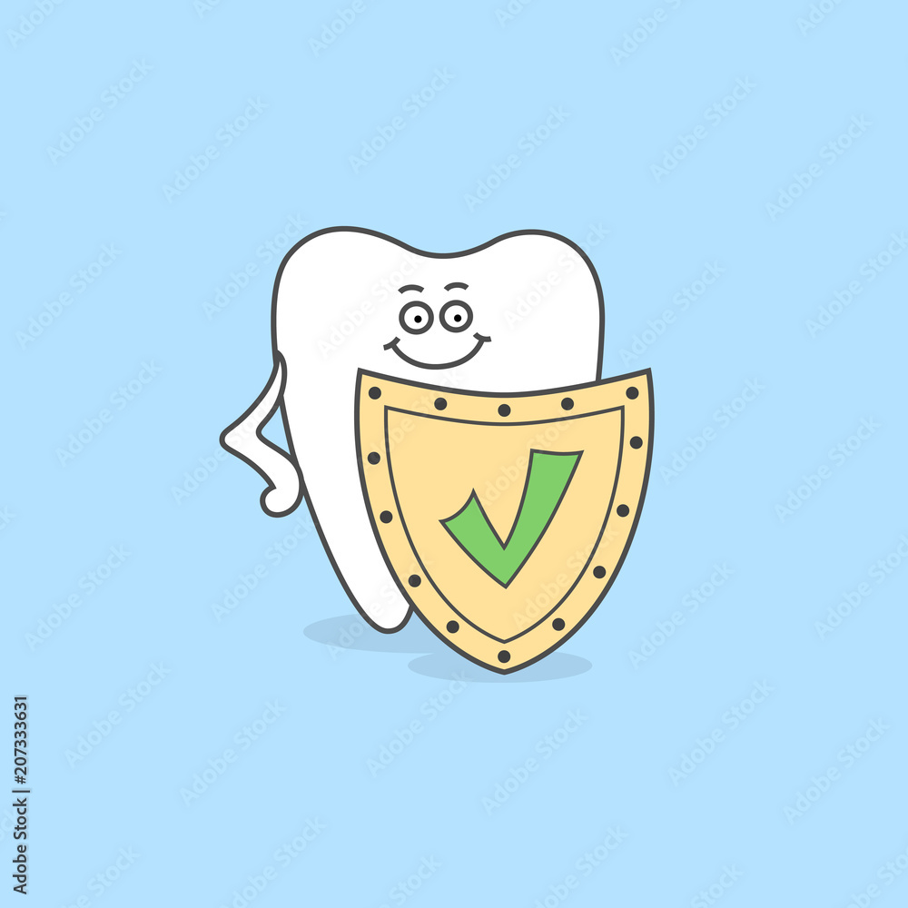 Cartoon tooth with a shield and a check mark. Teeth protection icon ...