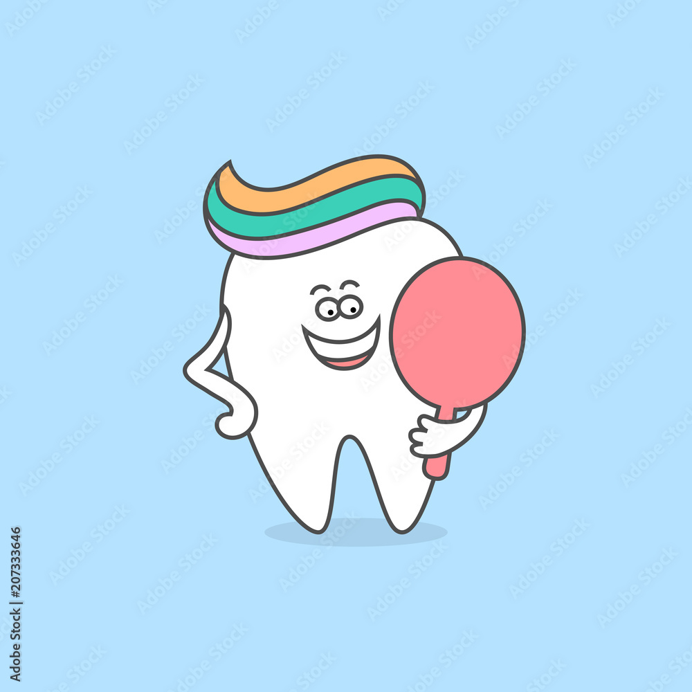 Cartoon tooth with toothpaste and mirror. Healthy teeth icon. Dental ...