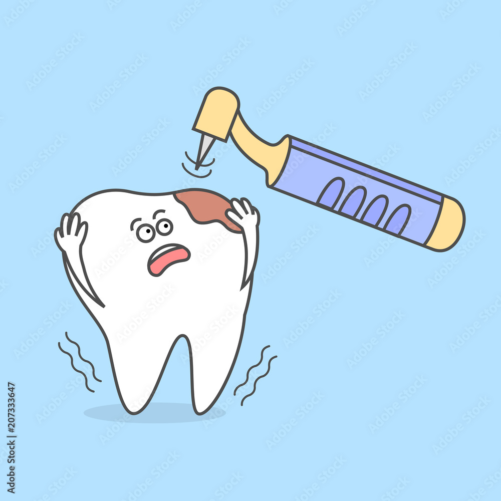 Cartoon tooth with a dental tool. Dental care icon. Teeth treatment ...
