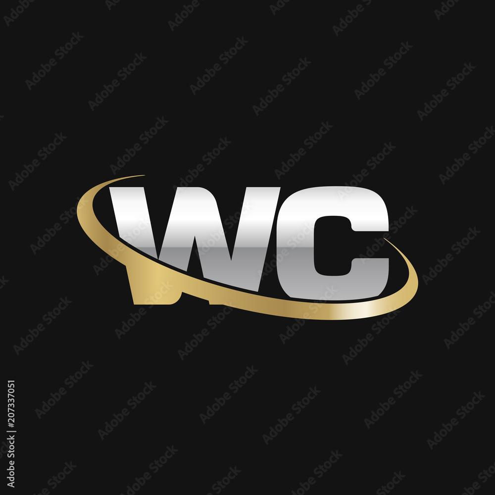 Initial letter WC, overlapping swoosh ring logo, silver gold color on ...