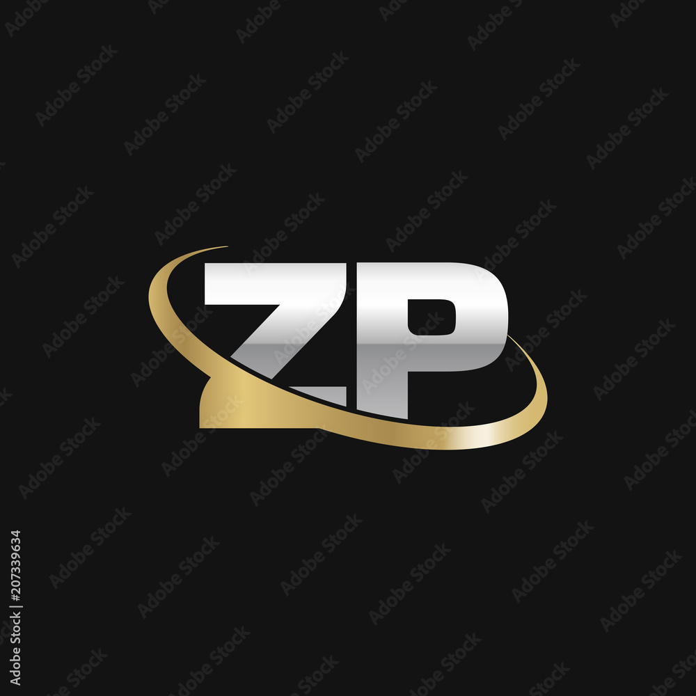 Initial letter ZP, overlapping swoosh ring logo, silver gold color on ...