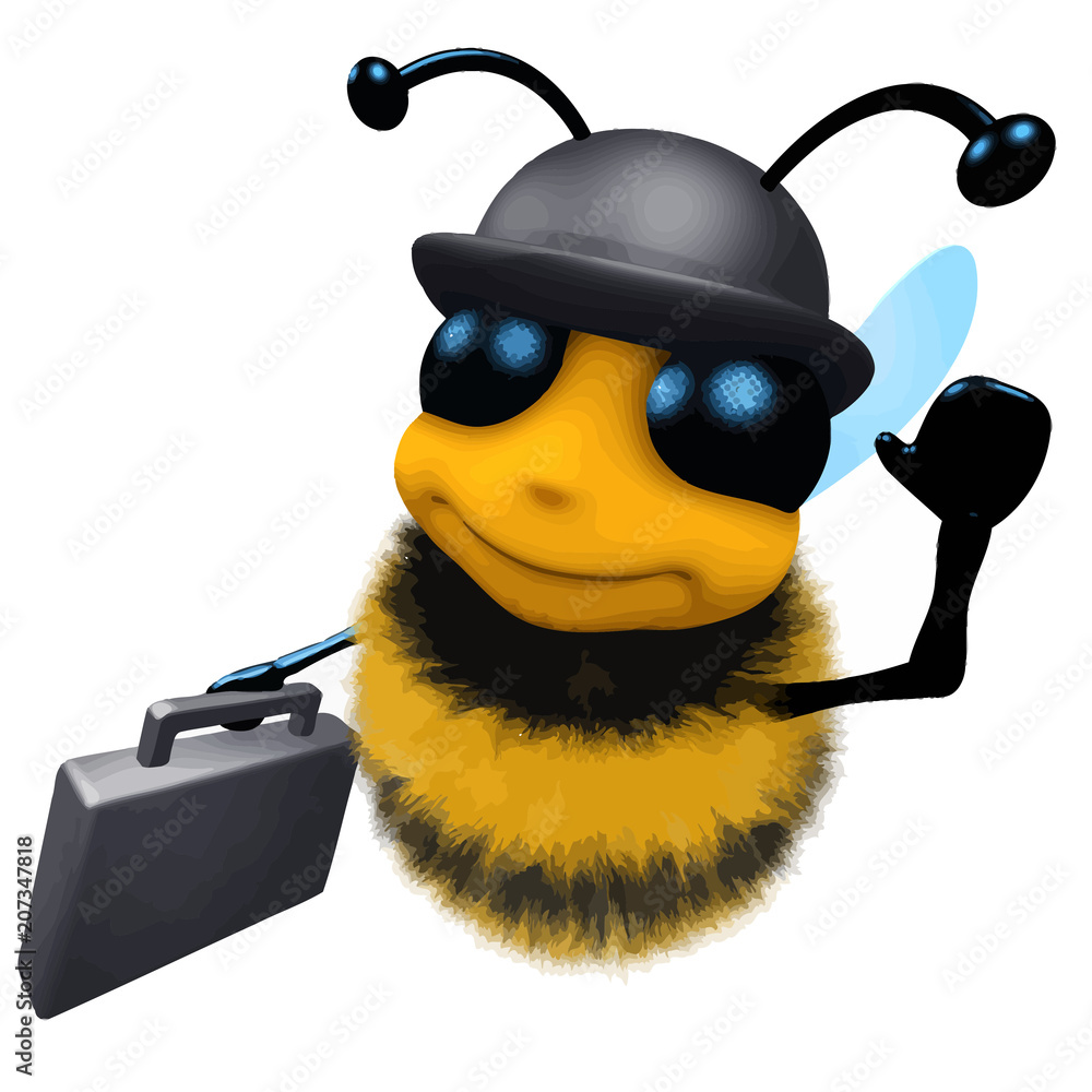3d Funny cartoon honey bee wearing a bowler hat and carrying a ...