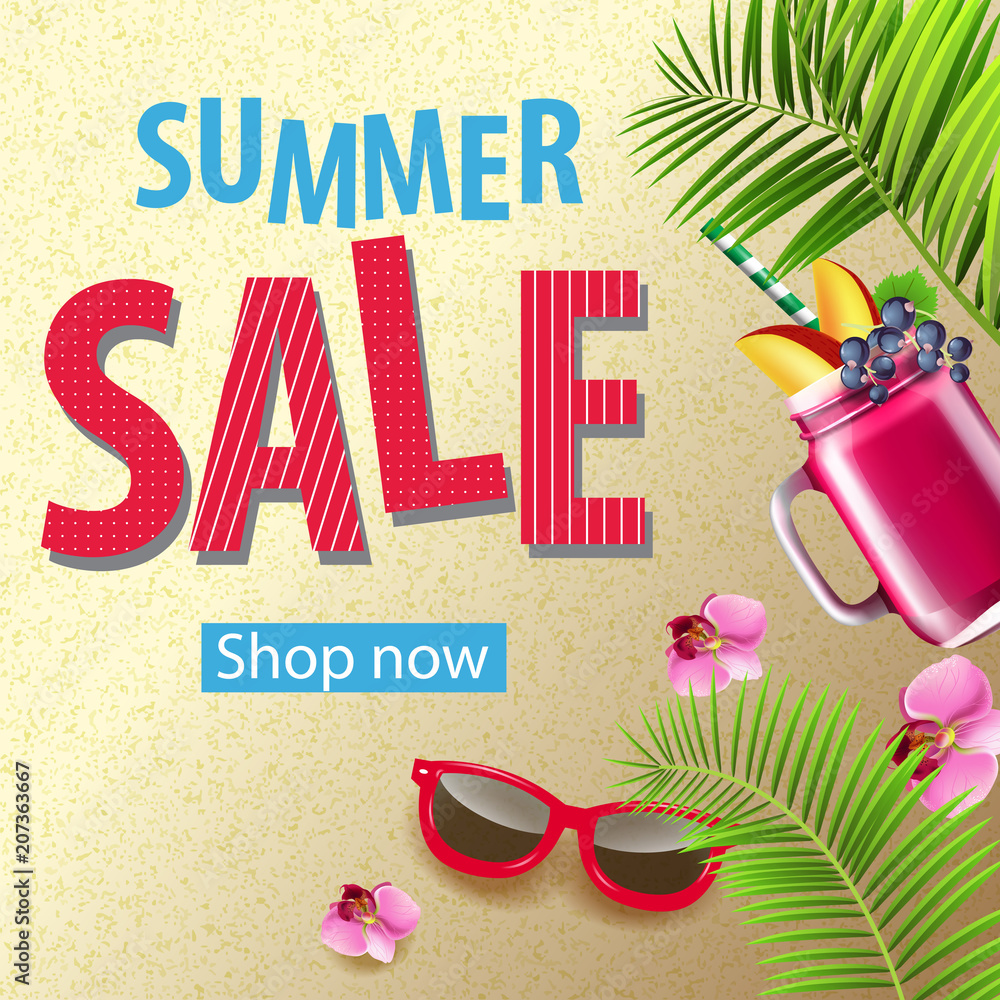 Summer sale promotion banner design with pink flowers, sunglasses, mug ...