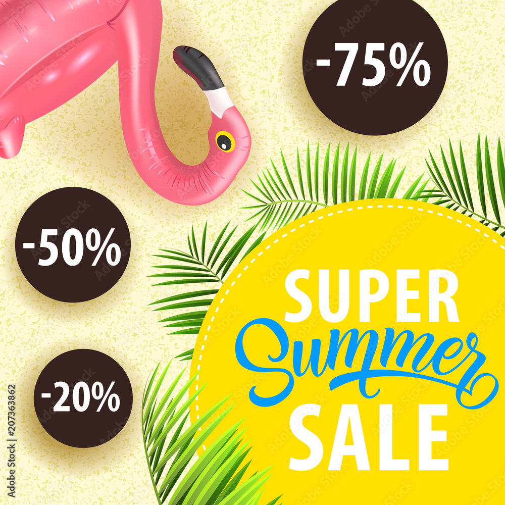 Super summer sale flyer design with palm leaves, flamingo swim tube ...