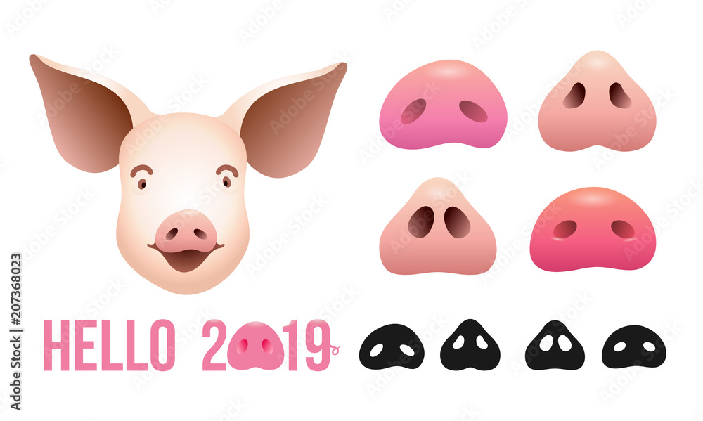 Set of hello 2019 funny card design with cartoons pigs nose. Collection ...