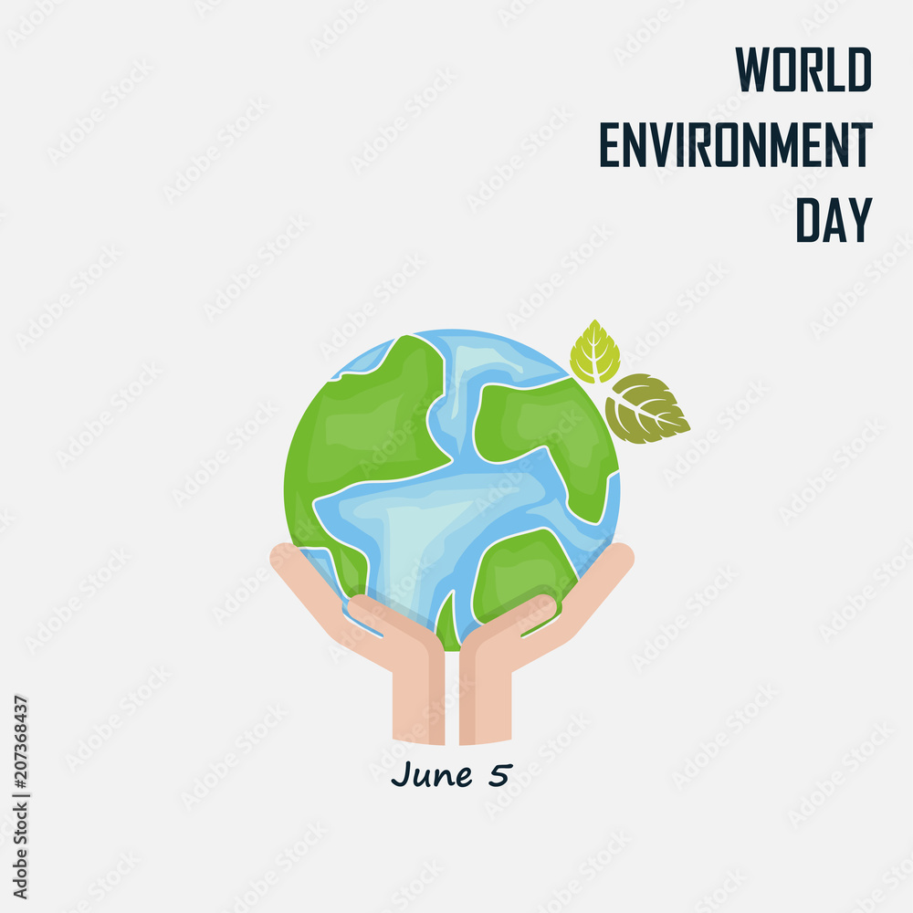 Hand and Green Leaves sign.World Environment day concept vector logo ...